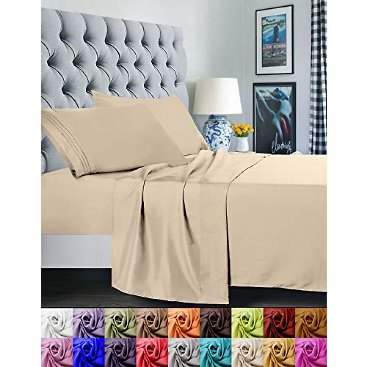 Elegant Comfort ® 1500 Thread Count Egyptian Quality Super Soft WRINKLE FREE & WRINKLE RESISTANT 4 pc Sheet Set, Deep Pocket Up to 18" - All Size and Colors, Queen Beige