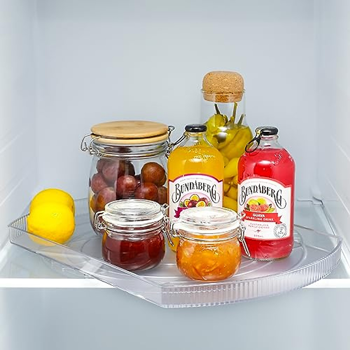 LAMU Square Lazy Susan Organizer for Refrigerator, Slide and 360° Rotate Rectangle Turntable Organizer and Storage for Fridge, Cabinet, Pantry, Kitchen Countertop, 16.53'', Clear
