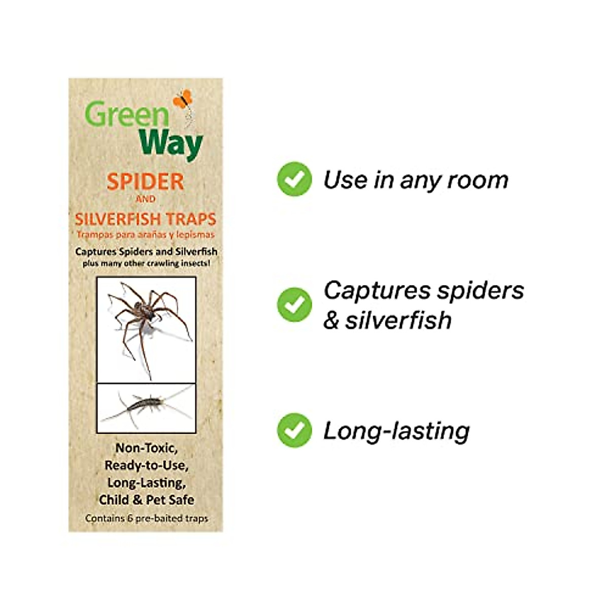 GreenWay Spider & Silverfish Trap - 72 pre baited Traps (12 Pack of 6), Ready to Use Heavy Duty Glue, Safe, Non-Toxic with No Insecticides or Odor, Eco Friendly, Kid and Pet Safe