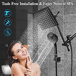 Tiluza 8-Inch Square Rain Shower Head with Handheld, High Pressure, Black Rainfall Waterfall Bathroom Dual 11-Inch Extension Arm, 10 Spray Modes, 60-Inch Hose, Adjustable 180-Degree Angle