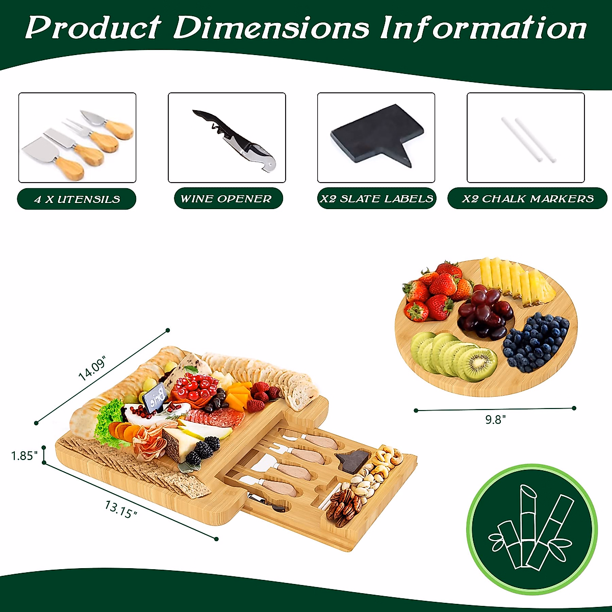 C&AHOME Cheese Board Set, Cheese Board Set and Knife Set, Bamboo Cheese Tray Platter, Cheese Platter Unique House Warming Gifts, Ideal for Birthday, Housewarming, Wedding Gifts, Natural UCBSBKFN