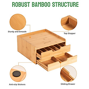 Bamboo Coffee Pods Holder Storage Compatible with Keurig K Cup Espresso Pods Tea Bag Organizer Drawer with Lip Panel for Kitchen Office Coffee Bar