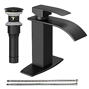 Hoimpro Black Waterfall Bathroom Faucet with cUPC Supply Lines, Single Handle Bathroom Sink Faucet with Pop-up Drain, Rv Vanity Vessel Faucet with Deck Plate, Matte Black, 1 or 3 Hole