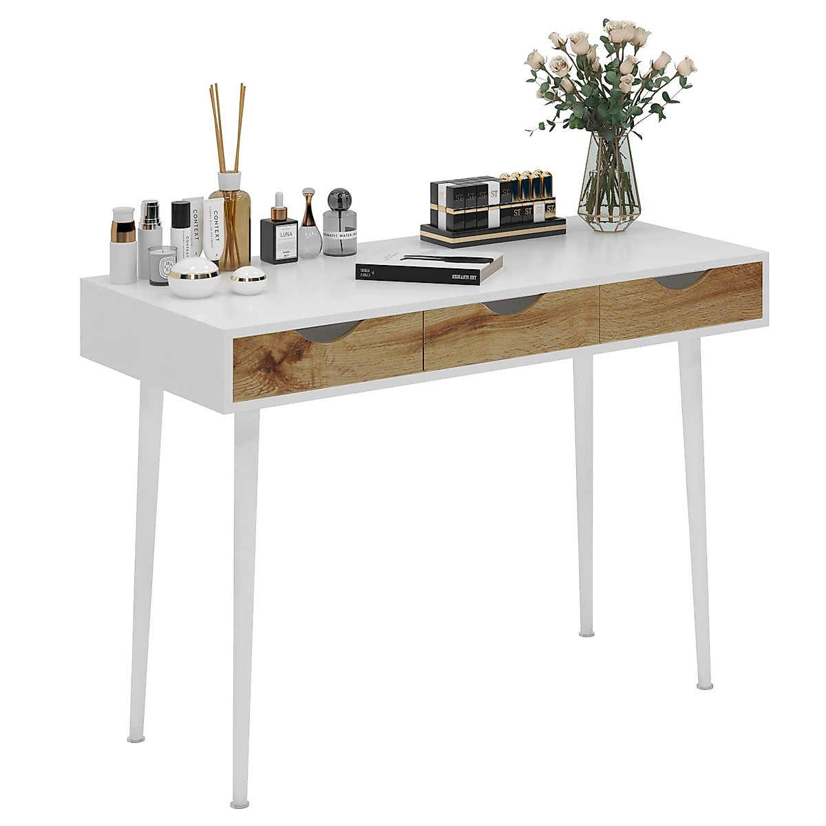 SogesHome 43.3 Computer Desk, Home Office Work Table with 3-Drawers, Gaming Working Writing Table, White&Teak