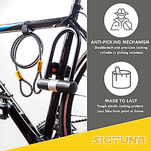 Bike U Lock - Sigtuna Bike Lock Heavy Duty Anti-Theft with 4ft/1.2m Cable, Bicycle U Lock with Sturdy Mounting Bracket for Mountain Bikes, Ebikes, Scooters