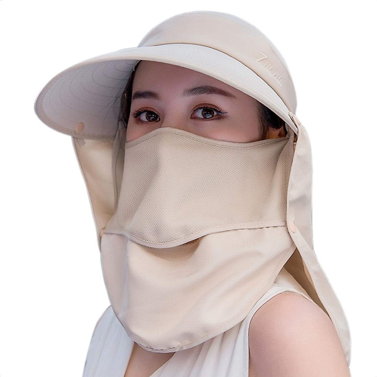 Women Summer Sun Protection Hat Wide Brim UV Hats Removable Neck Face Flap Cap with Ponytail Hole for Fishing Climbing Gardening Beige