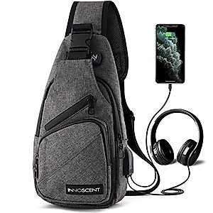 INNOSCENT Smell Proof Sling Bag Backpack - COMBINATION LOCK - Shoulder Crossbody Bag With USB/Headphone Charging Port Black (Light Grey)