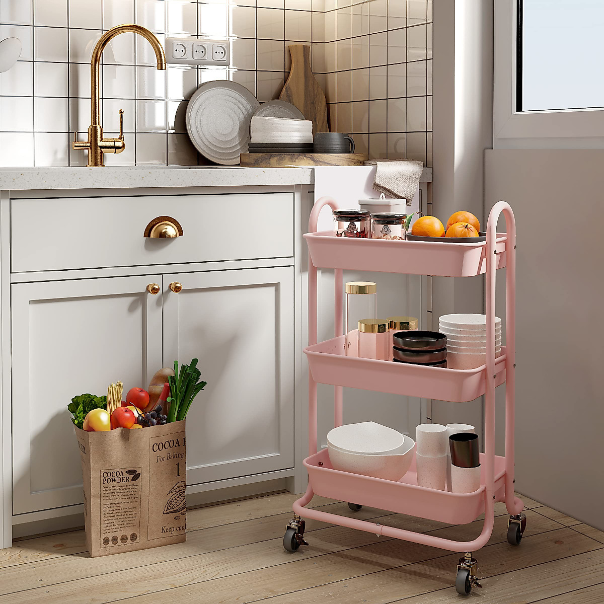 MIOCASA 3-Tier Metal Utility Rolling Cart, Heavy Duty Multifunction Cart with Lockable Casters, Easy to Assemble, Suitable for Office, Bathroom, Kitchen, Garden (Pink) (Metal&Plastic&Pink)