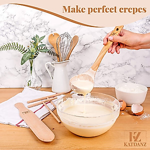 Crepe Spreader Spatula and Ladle Kit - Large and Medium Beachwood Versatile Pancake Tool 3 Recipes Included - Convenient Size for Nonstick Disc Pan Crepe Maker - Lightweight Wooden Flipper - Great Set