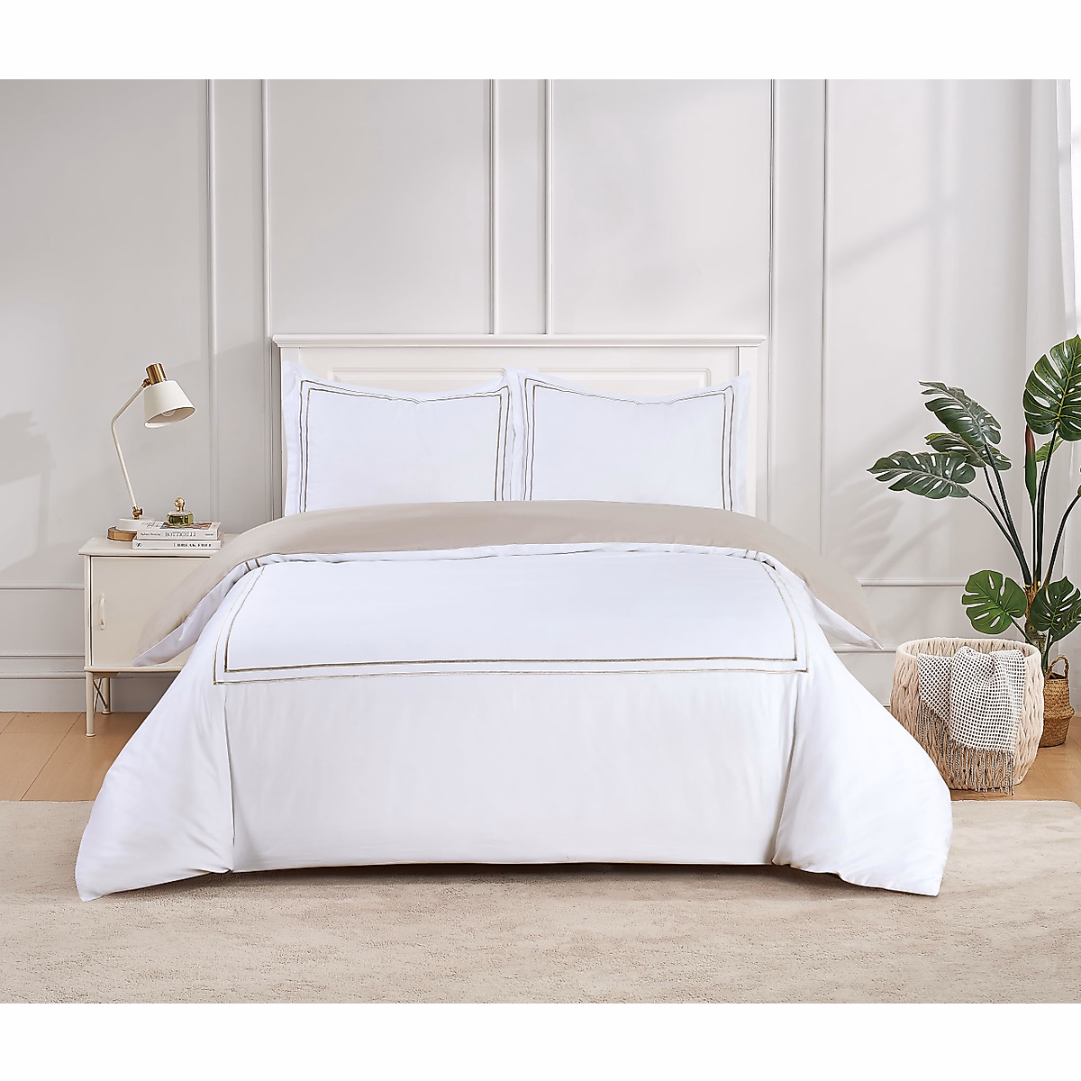 Majestic Giftware Madison Linen 6-Piece Queen Size Duvet Bedding Set (BL51-Q-3) | Flora Hotel Collection-White-Taupe Embroidery 400 TC Cotton Sateen | 1 Fitted Sheet, 1 Duvet, 4 Pillowcases
