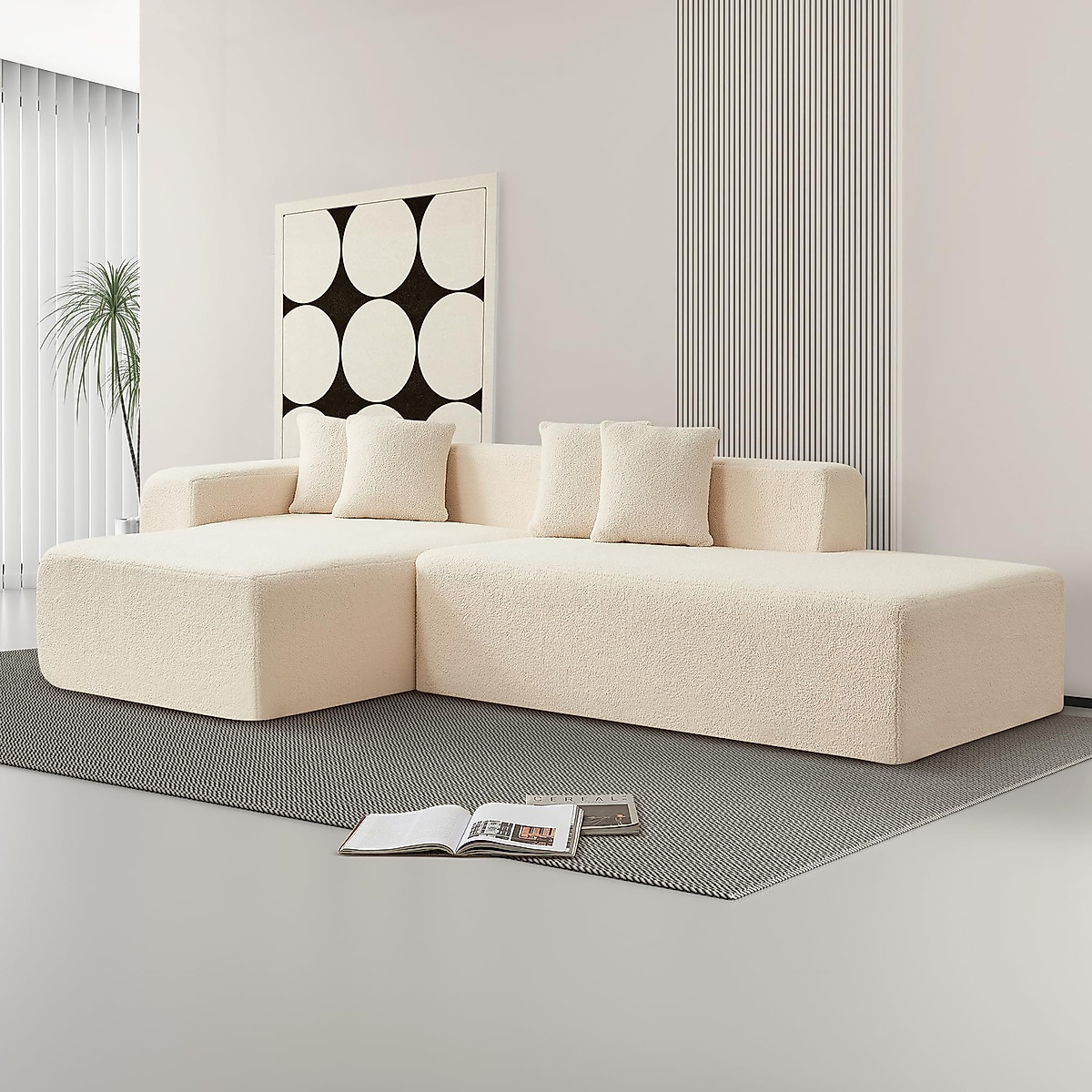 VASOENY 105.5 X 60.2'' L Shaped Sectional Sofa, Sherpa Fabric L Shaped Couch, 3 Seat Corner Sofa Couch, Modern Upholstered Couch with 4 Pillow Left Hand Lounge for Living Room, Office