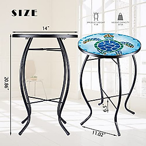VCUTEKA Patio Side Table Outdoor Accent Table Bistro Coffee Table Plant End Table Small Porch Table Indoor Round Glass Balcony Plant Table Stands Sea Turtle