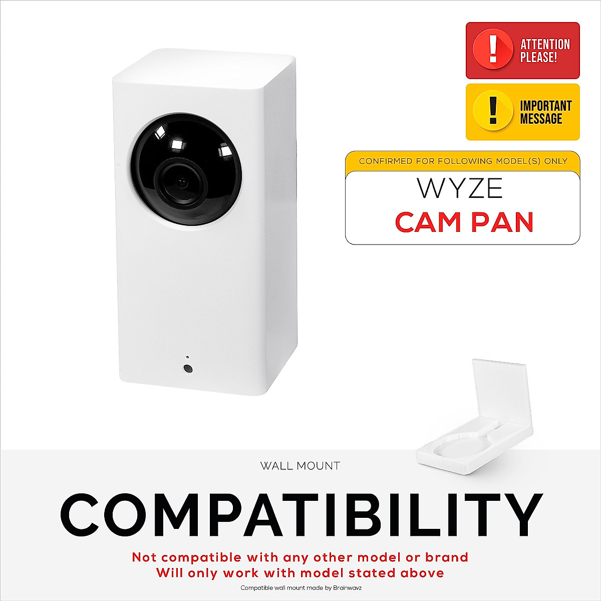 Screwless Tilted Wall Mount Kit Compatible with Wyze Cam Pan, VHB Stick On, Full Tilt & Pan Function, No Mess, No Drilling, Strong Adheasive Mount, Angled Down White by Brainwavz