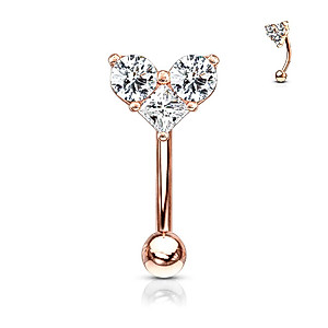 Amelia Fashion 16 Gauge Three Prong Set Round and Square CZ Heart Curved Barbell/Eyebrow Ring 316L Surgical Stainelss Steel (Choose Color) (Rose Gold/Clear)