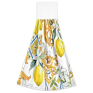 MCHIVER 2 Pcs Hanging Kitchen Hand Towels with Loop, Sicilian Style Lemon Fruit Tile Decorative Towels Absorbent Towel for Bathroom, Laundry Room, Hotel, Gym and Spa