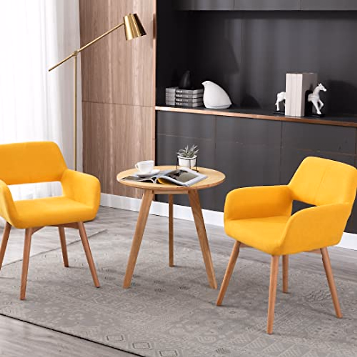 ceedment Small Modern Living Dining Room Accent Arm Chairs Club Guest with Solid Wood Legs(2, Yellow)