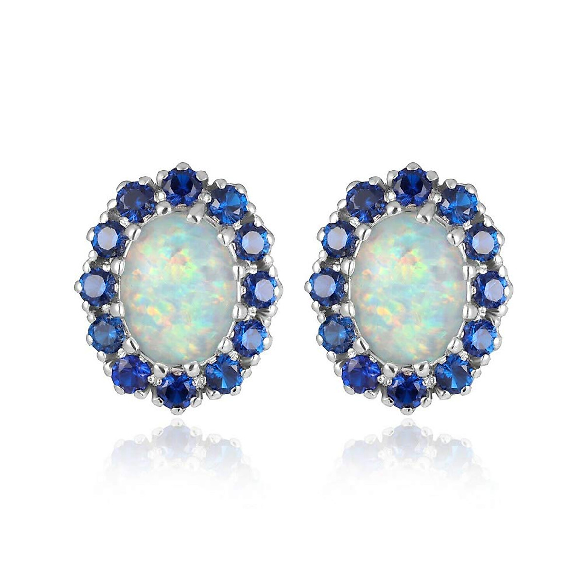CiNily 14K White Gold Plated Created White Opal and Sapphire Stud Earrings for Women Oval Flower Gems Earrings 12mm