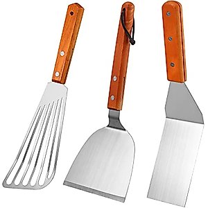 3 Pcs Metal Spatula Set Stainless Steel Fish Spatula Turner Slotted Pancake Spatula Griddle Flipper Scraper with Wood Handle for Kitchen Burger Egg Cooking Grilling BBQ