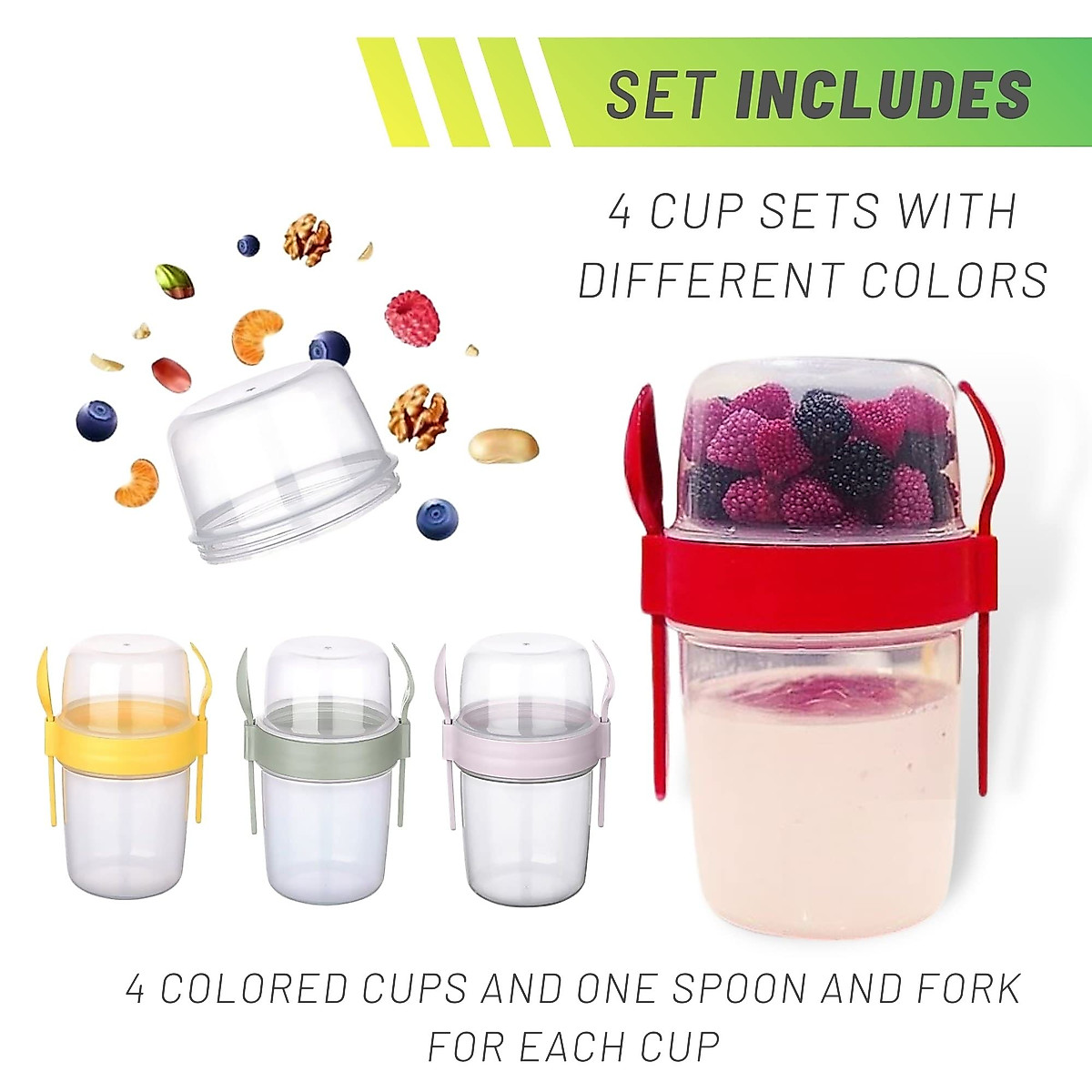 Fairway Finds 4 Pack of 22 oz Yogurt Parfait Cups With Lids Reusable Crunch Cup Portable Cereal Cup Meal Planning Containers Milk Granola Yoghurt Carrying Container Cereal on the go Lids and Spoons