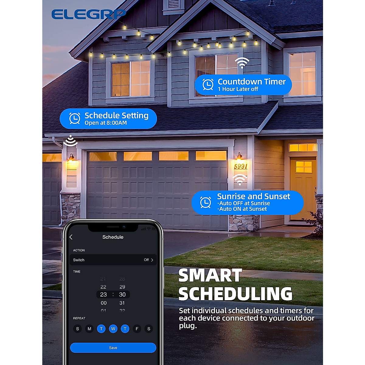 ELEGRP PQR10 Outdoor Smart Plug Waterproof IP66, WiFi Plug Compatible with Alexa & Google Assistant, Smart Outdoor Outlet for String Lights, No Hub Required, 400W Max, UL Certified, 1 Pack, Grey