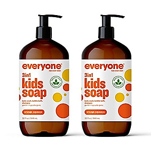 Everyone 3-in-1 Kids Soap, Body Wash, Bubble Bath, Shampoo, 32 Ounce (Pack of 2), Orange Squeeze, Coconut Cleanser with Organic Plant Extracts and Pure Essential Oils (Packaging May Vary)