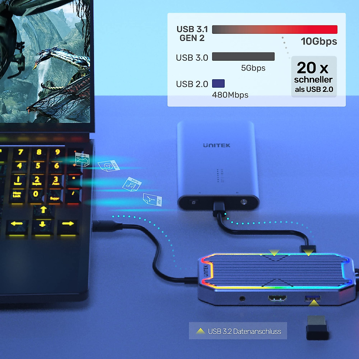 Unitek D1029A - uHUB S7+ 7-in-1 USB-C Hub with 10Gbps Data, HDMI and PD 100W / HDMI 2.0, USB 3.2 Gen 2 / Active/USB-C / 2X USB-A Port / 2X USB-C Port/Mini Jack 3.5 mm/RGB LED Lights