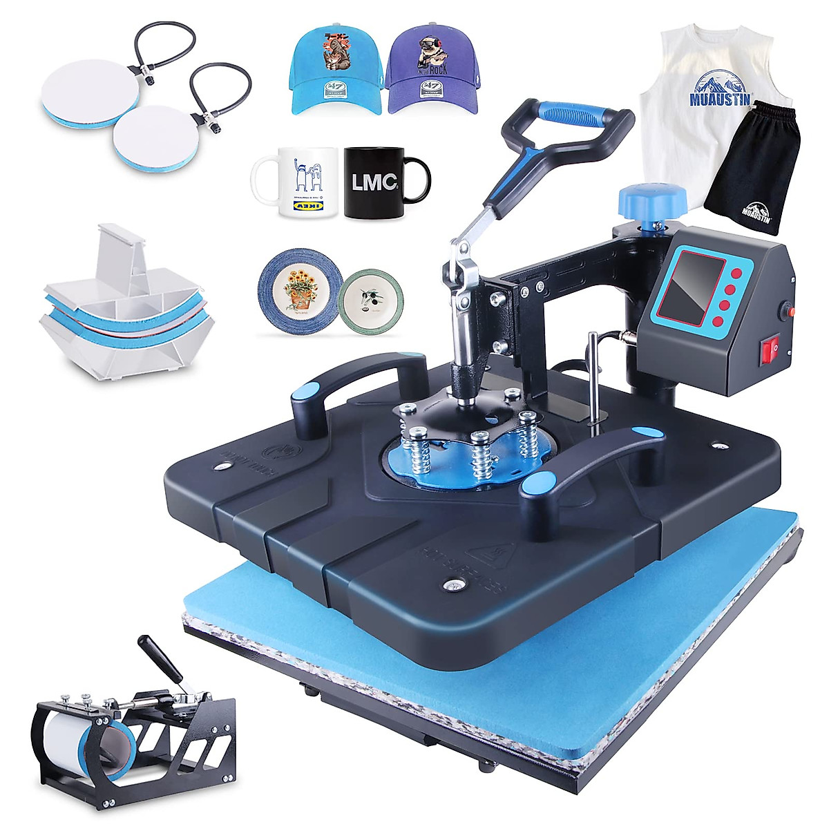 HORGELU Upgraded 5 in 1 Heat Press Machine 15 x 15 Inch Heat Transfer Machine 360-Degree Swing Away Combo Heat Press for T Shirt Mug Hat Plate Cap