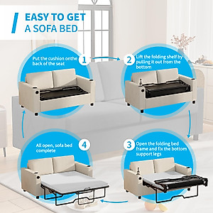 Mjkone Pull Out Sofa Bed, 2-in-1 Convertible Sleeper Sofa Couch with Cup Holders and Memory Foam Mattress,Two Seat Loveseat Sleeper Sofa Bed for Living Room Apartment Small Space, Beige, Full Size