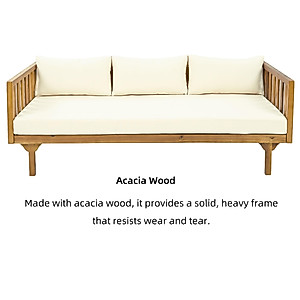 Merax Outdoor 3 Seater Daybed, Acacia Wood Day Bed Couch Sofa with Cushions for Patio Backyard, Garden, Beige