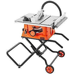 VEVOR Table Saw with Stand, 10-inch 15-Amp, 25-in Max Rip Capacity, Cutting Speed up to 5000RPM, 40T Blade, Portable Compact Jobsite Tablesaw w/Sliding Miter Gauge for Woodworking & Furniture Making