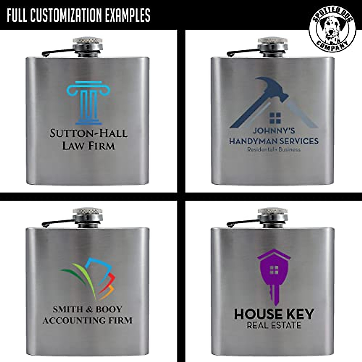 Personalized Printed 6oz Stainless Steel Flask with Screw Down Cap - Custom Promotional Items with your Logo - Bulk Company Small Business Party Favors