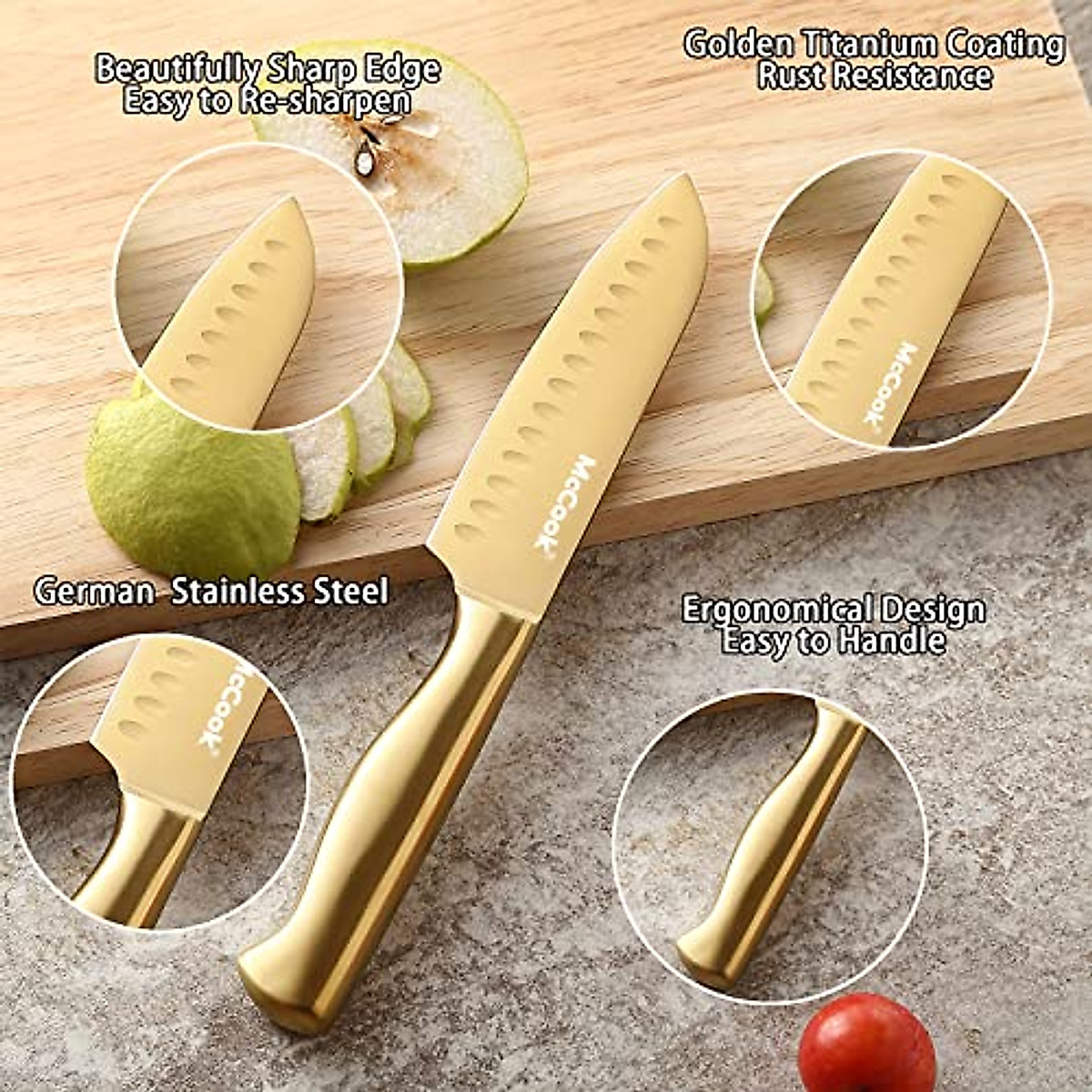 McCook® MC21G Knife Sets,15 Pieces Luxury Golden Titanium Kitchen Knife Block Sets with Built-in Sharpener