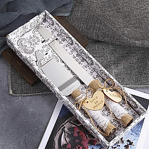 SWTOOL Wedding Cake Knife and Server Set Rustic Style Stainless Steel Cake Cutter Set with Twine Lace and Wood Tag Gifts for Bride and Groom Wedding Anniversaries Parties