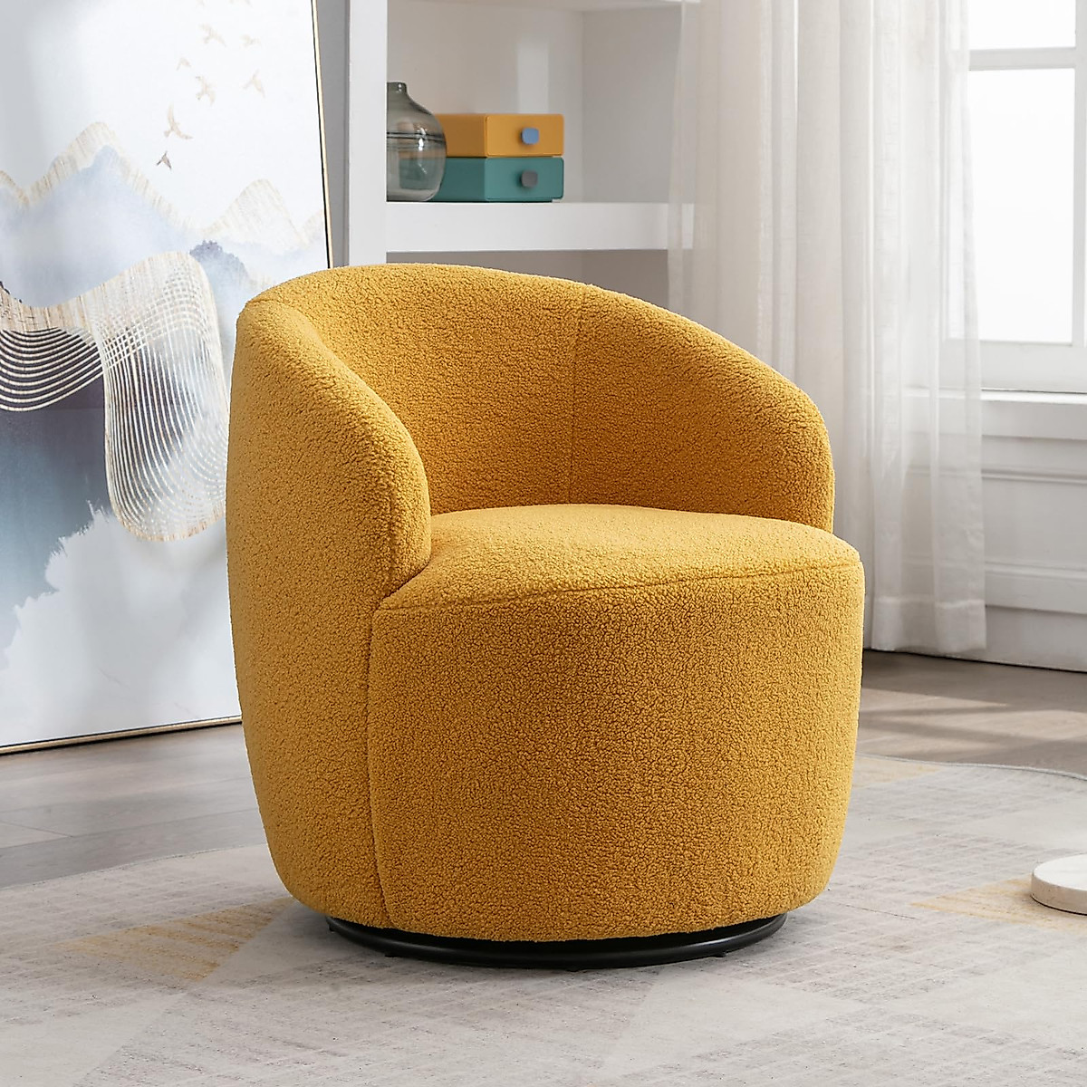 KIVENJAJA Swivel Barrel Chair, Teddy Sherpa Upholstered Modern Round Accent Arm Chairs, Boucle 360 Degree Swivel Small Single Sofa Armchair for Nursery Living Room Bedroom (Teddy, Yellow)