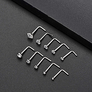 Tornito 20G 10Pcs Stainless Steel L Shaped Nose Studs Rings CZ Nose Ring Labret Nose Piercing Jewelry for Men Women Silver Tone 1.5mm-2mm-2.5mm-3mm-3.5mm CZ
