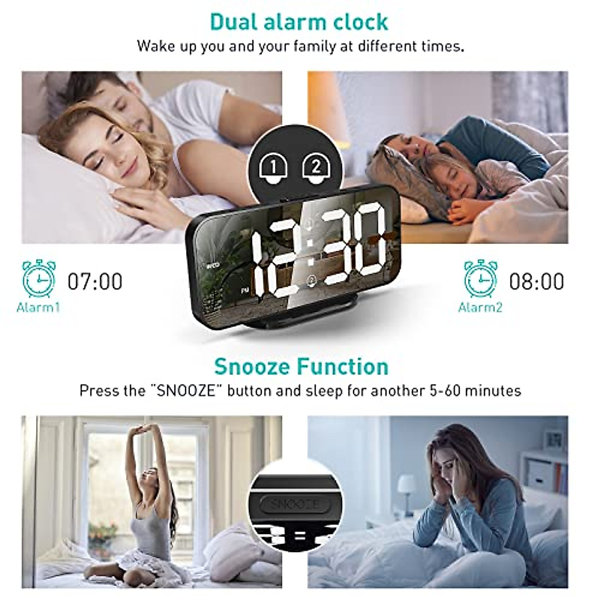 EDUP LOVE Digital Alarm Clocks, LED Mirror Electronic Clock, Snooze Mode, 12/24H, Adjust Brightness, Modern Desk & Wall Clocks for Bedroom Living Room Office - Black
