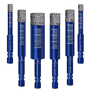 Larouoba 6pcDiamond Drill Bit, Masonry Drill Bits Set for Porcelain Tile Ceramic Stone Granite Marble Hex Shank Diamond Hole Saw Drill Bit with Size 3/16” to 9/16” (Blue)