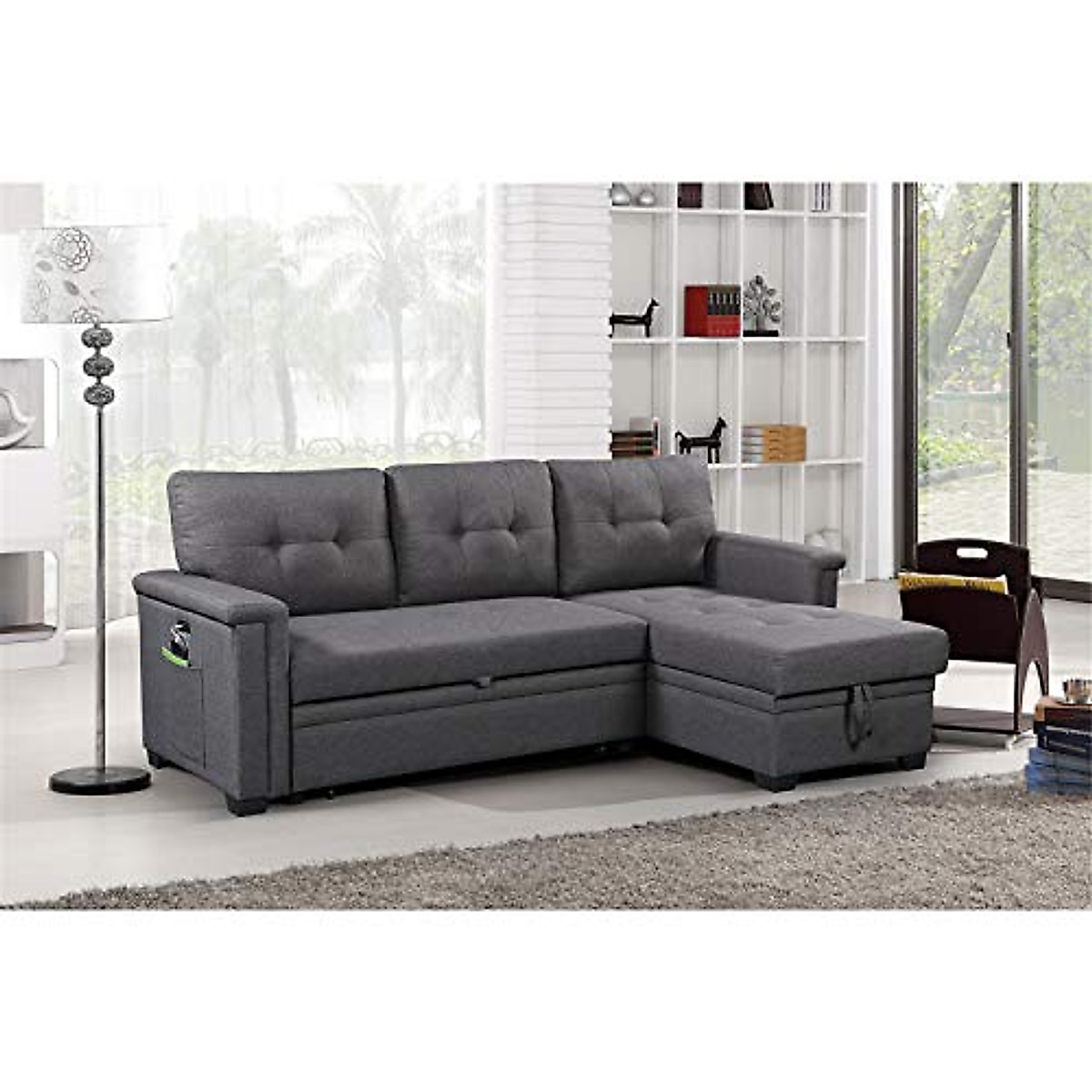Lilola Home Ashlyn Dark Gray Reversible Sleeper Sectional Sofa with Storage Chaise, USB Charging Ports and Pocket