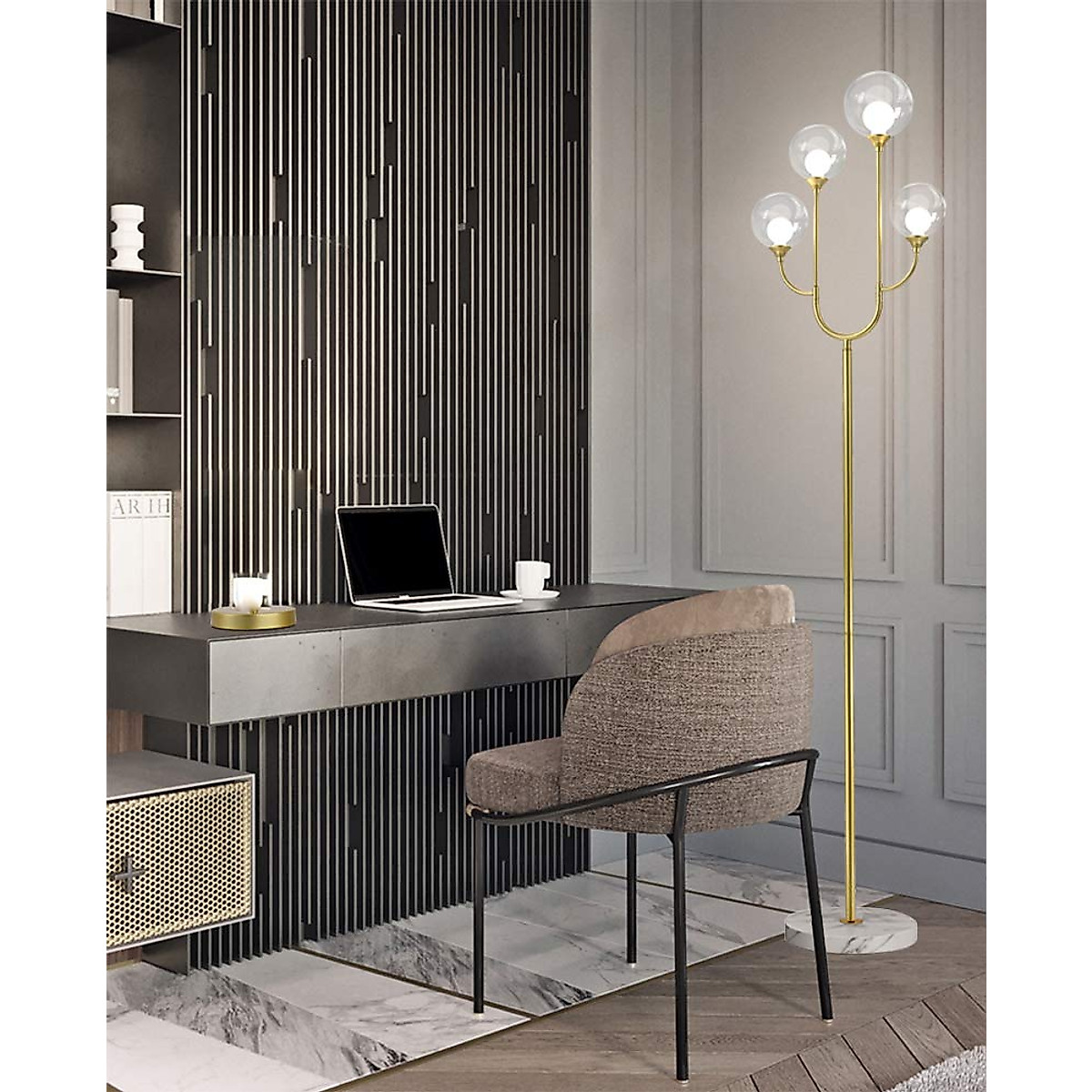 Hsyile Lighting KU300227 Brushed Brass Finish Modern Floor Lamp 4-Light with White Transparent Globes and Round Base - for Living Room,Bedroom,Living Room and Office