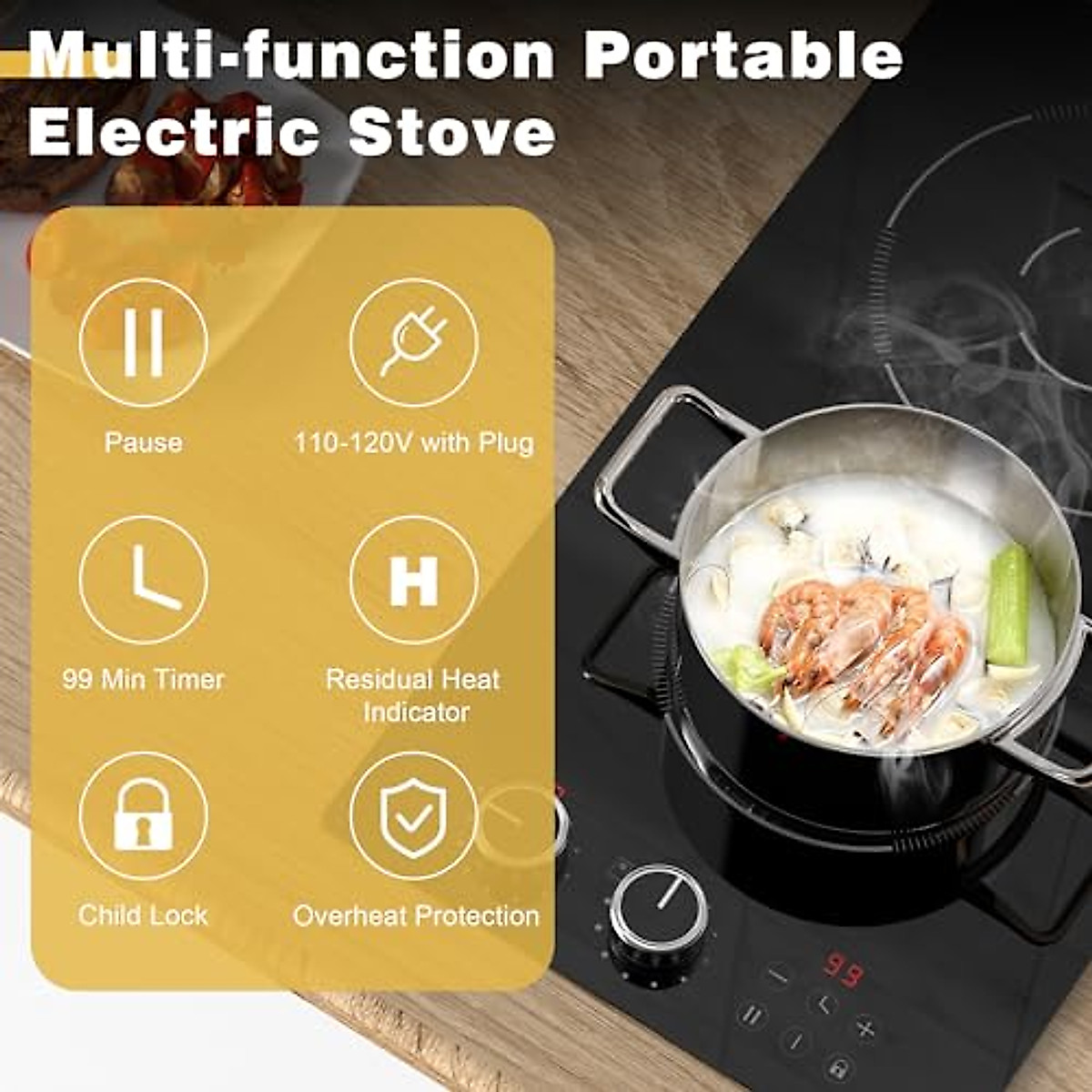 2 Bruner Electric Cooktop, Plug in Electric Cooktop 110v, 12 Inch Kitchen Electrics Stove Countertop & Built-In, Knob and Touch Control, 9 Power Levels, 2000w, Safety Lock, Pause, Timer, Karienvir