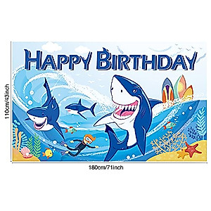 Shark Backdrop for Photo Booth, Shark Happy Birthday Banner, Shark Themed Under The Sea Background Birthday Sign Party Decorations Supplies for Boys Kids, 71 x 43 Inches