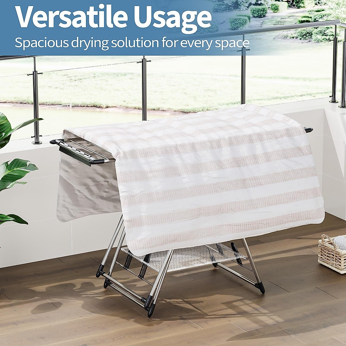 APEXCHASER Clothes Drying Rack with High Hanger, Foldable 3-Level Drying Racks with Shoe Rack, Crossbar and Vertical Rod Laundry Stand with Adjustable Wings