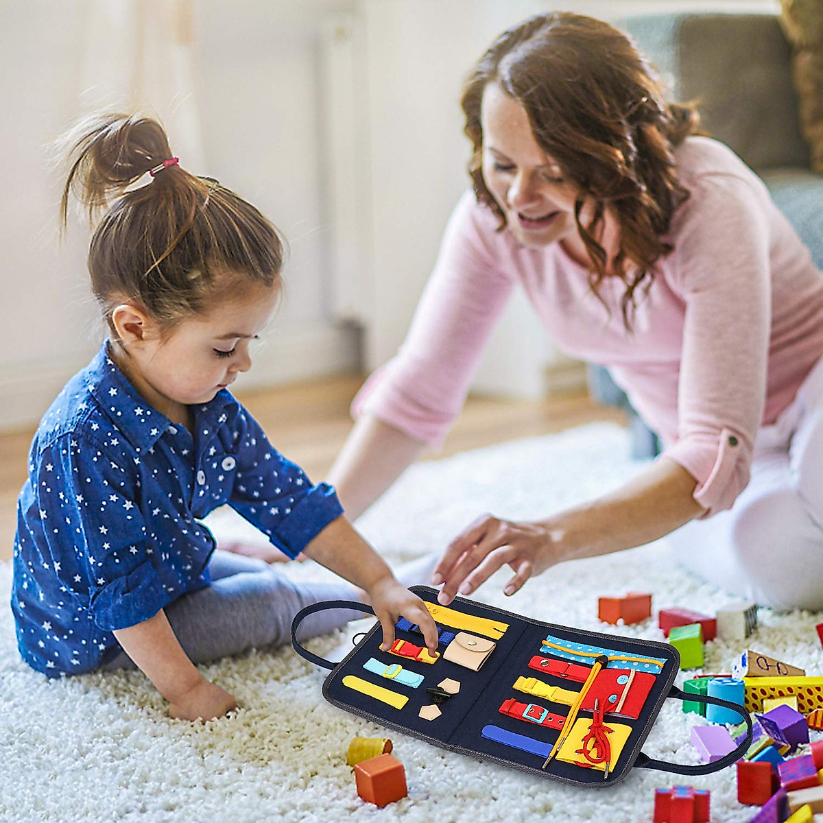 FBve Toddler Busy Board, Montessori Basic Skills Activity Board for Fine Motor Skills & Learn to Dress - Educational Learning Toys for Toddlers - Sensory Toy for Airplane or Car Travel