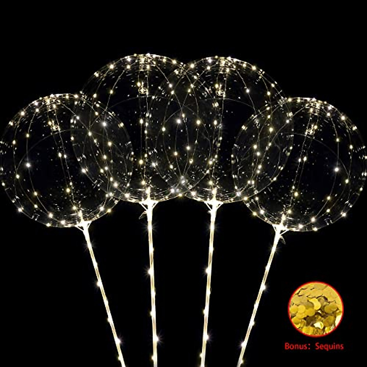 ComboJoy 12 Pack Big Light Up BOBO Led Balloons with Stick and Sequins | Transparent Balloons Glow in the Dark, Flicker in the Daylight | Perfect Supply for Glow Stick Party, Birthday Party, Wedding