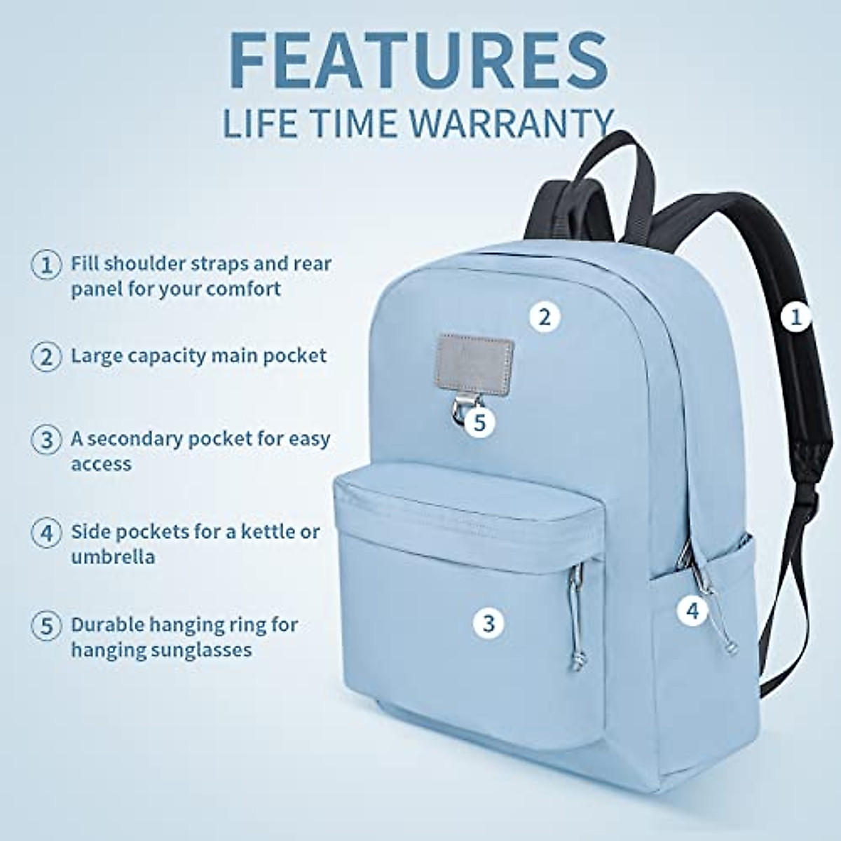 SIMTOP Travel Backpack Casual Daypack Backpacks, Lightweight Travel Backpack Durable Polyester Fabric for Work Travel, YKK Zipper Water Resistant Daypack. Light Blue Backpack
