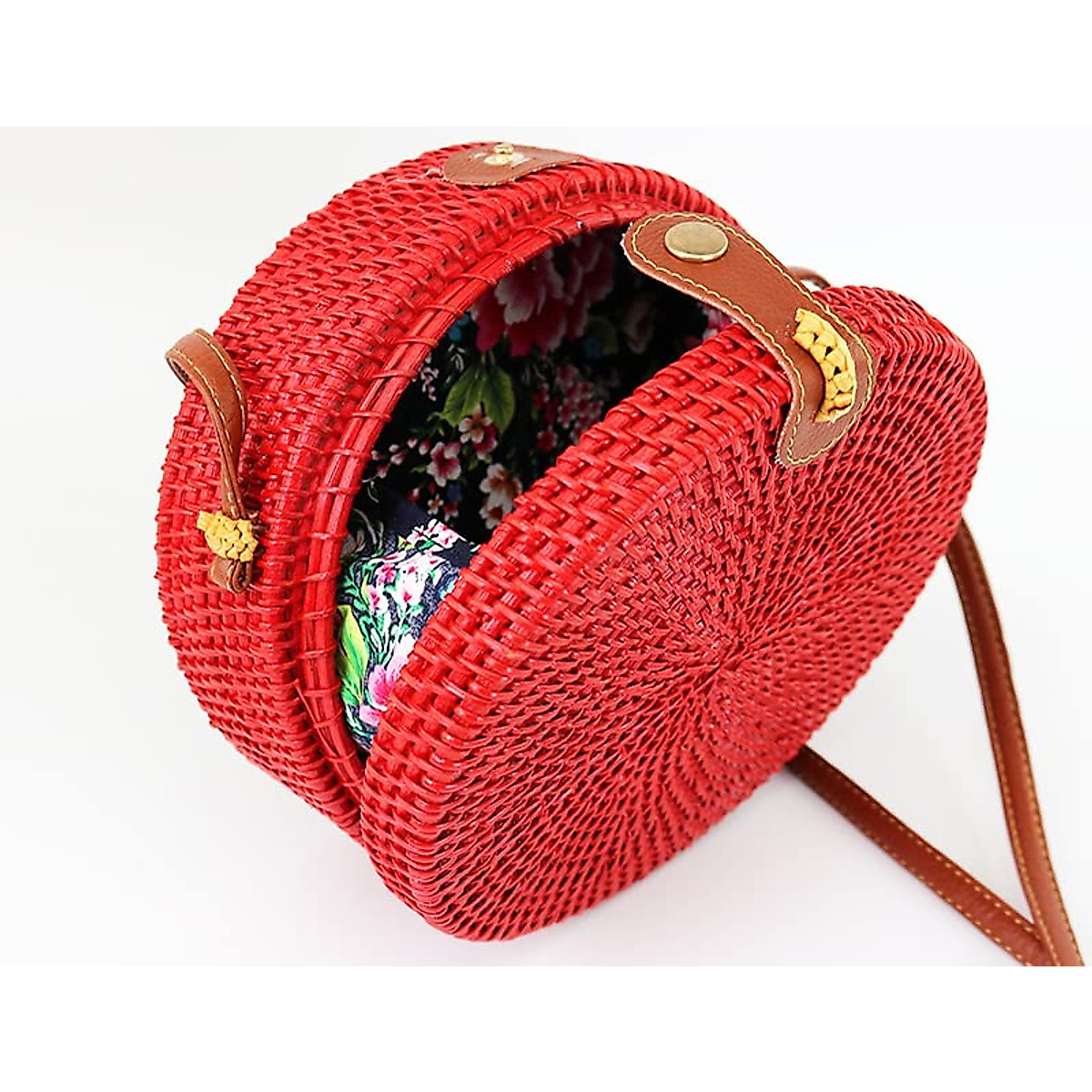 SHAREYOIU Candy Colors Handwoven Round Rattan Shoulders Handbags Natural Chic Hand Tropical Beach Style with Leather Strap (Big，7.87x 3.2 inch, 1#Blue)