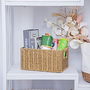 YRMT Rattan Storage Basket Pantry Basket with Built-in Handles Wicker Basket for Organizing Shelves Waterproof Woven Basket Nature 12” x 8” x 6”