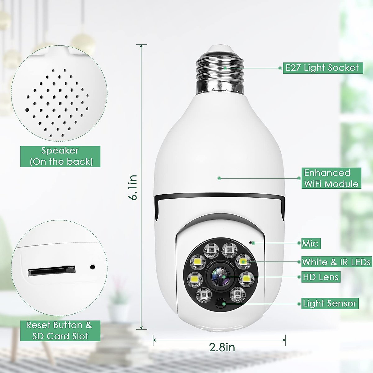Wyzlink Light Bulb Security Camera,Home WiFi 360 Degree Pan/Tilt Panoramic IP Camera,Wireless Home Surveillance Cameras System with Human Motion Detection and Alarm,Two-Way Audio,Night Vision, 720p