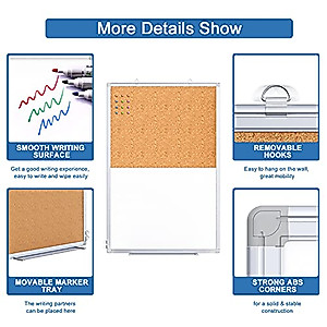 Dry Erase Board and Cork Board Combo, Magnetic White Board Combination Bulletin Board for Office Wall, 36 x 24 Inches Push Pin Whiteboard Vision Board for Home Office with 3 Marker 1 Erase 6 Magnet