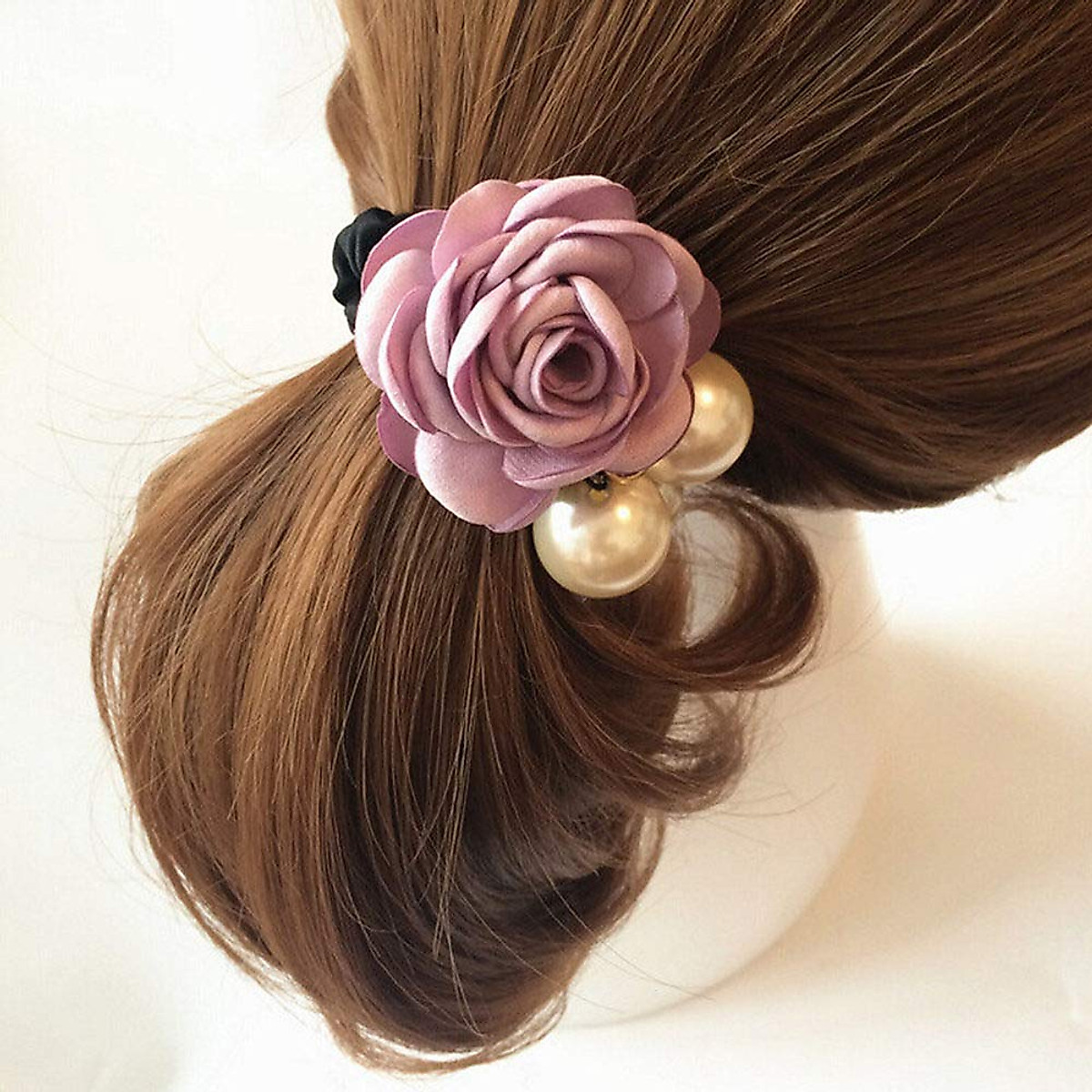 LOVEF 4Pcs Korean Fashion Pearl Hair Rope Rose Flower Rhinestone Hair Ties/ Jewelry Rubber Band